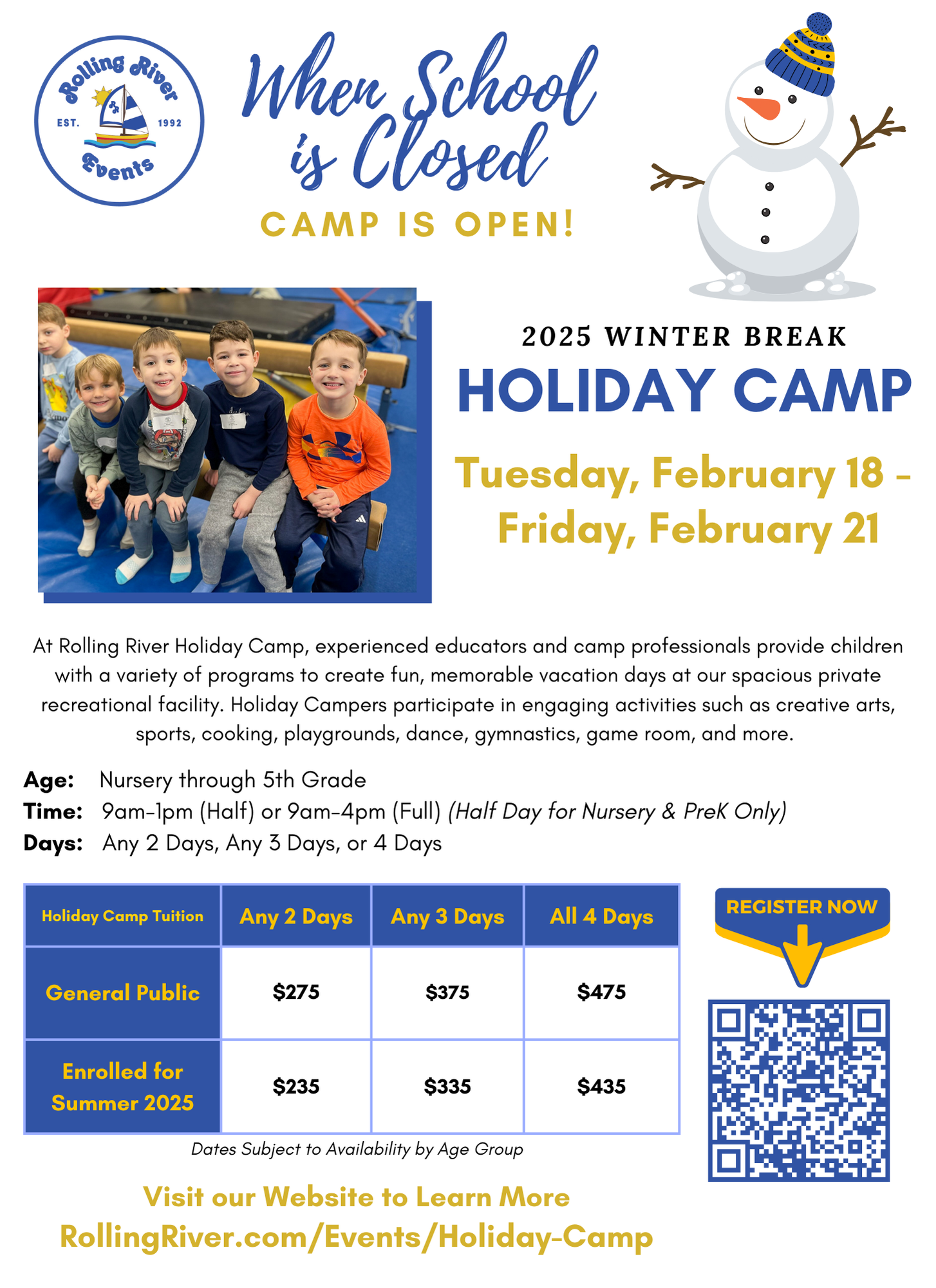 Winter Break Holiday Camp: February 18-21 - Rolling River Day Camp